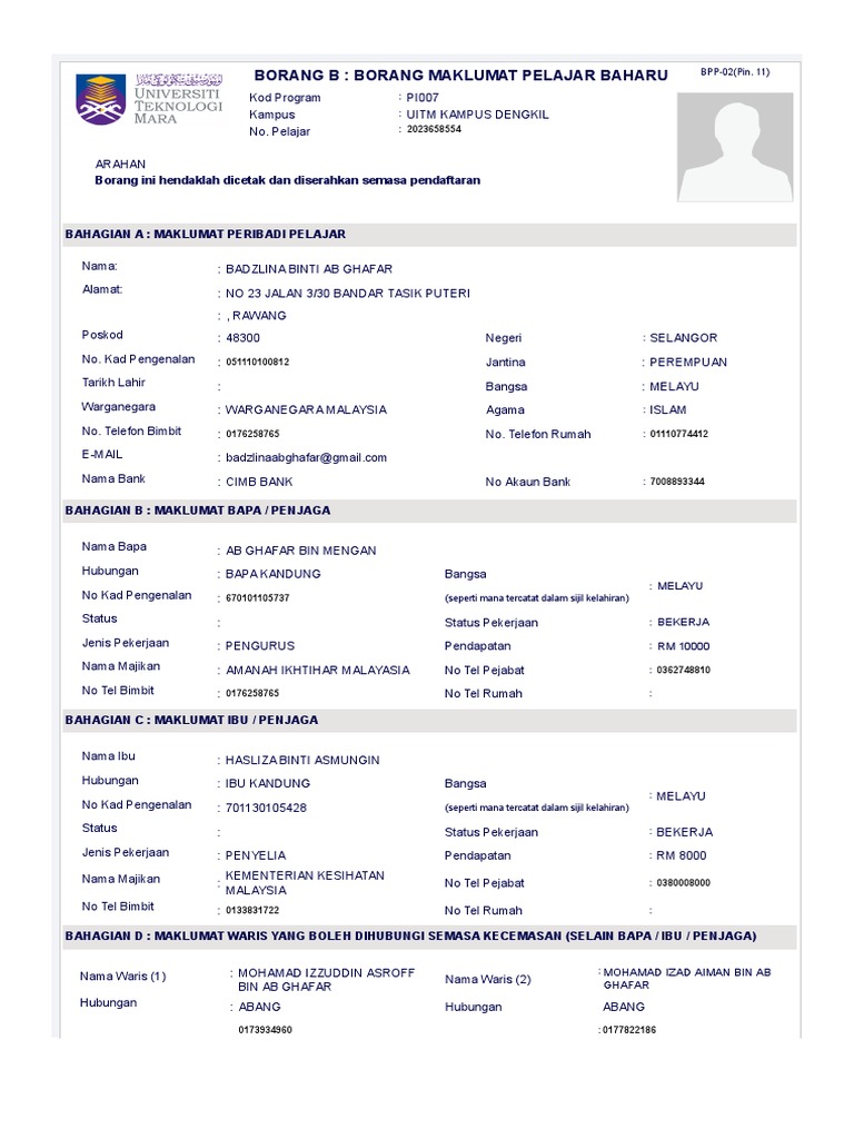 Borang Maklumat Pelajar | PDF