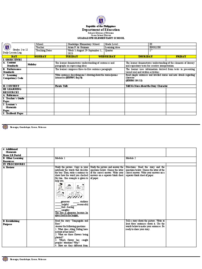 Grade 3 English Daily Lesson Log | PDF | Learning | Teachers