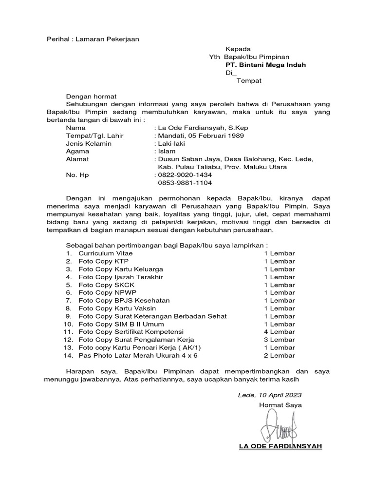 Surat Lamaran Kerja PT. BMI | PDF