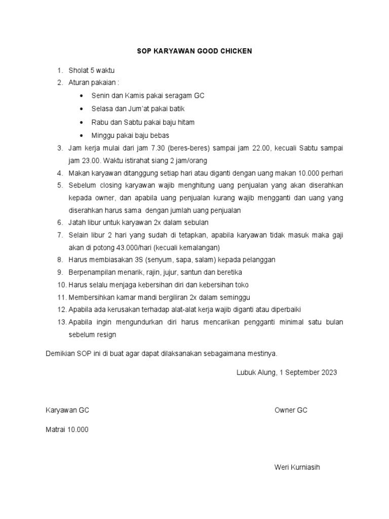 Sop Karyawan Good Chicken | PDF