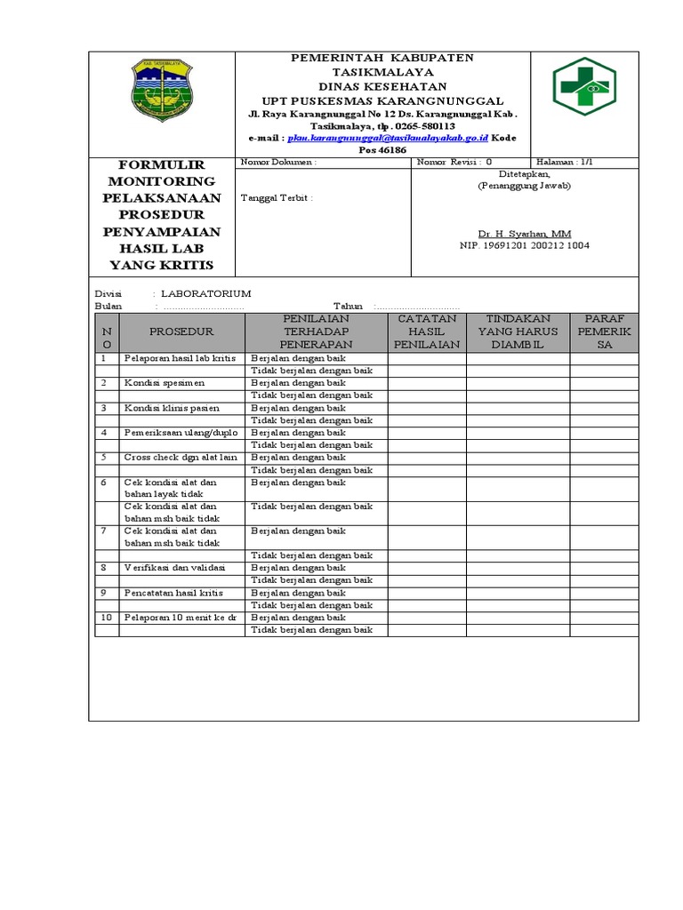 E.P. 8.1.3.2..form Monitoring Nilai Kritis (GAWAT DARURAT) | PDF