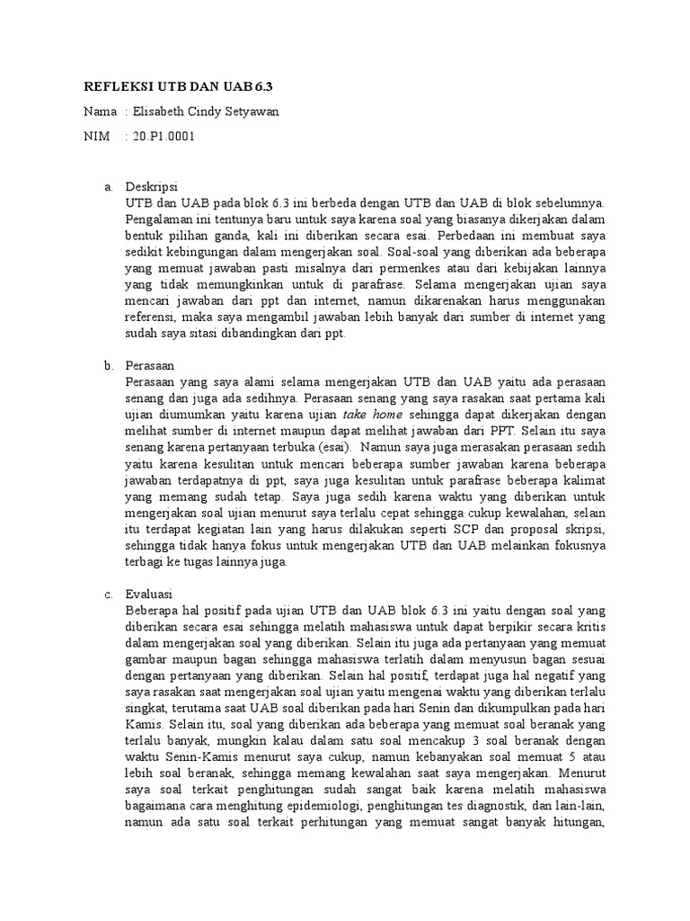 REFLEKSI UTB DAN UAB 6.3 - Elisabeth Cindy S - 20p10001 | PDF