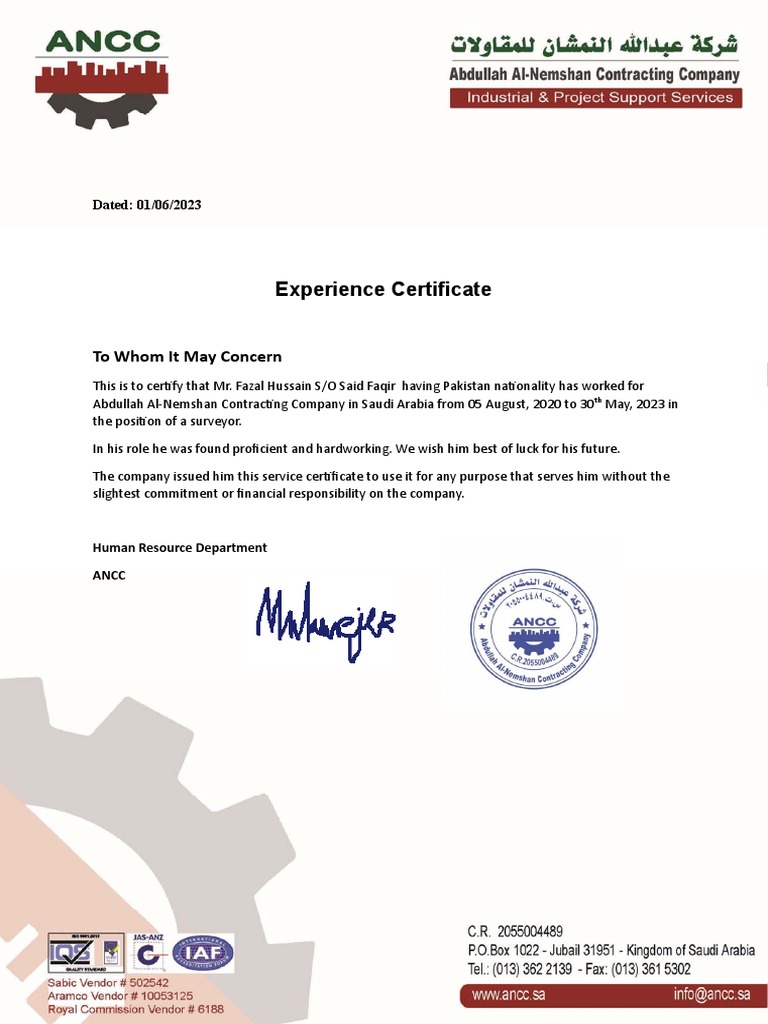 Surveyor Experience Certificate - Saudi Arabia | PDF | Career & Growth