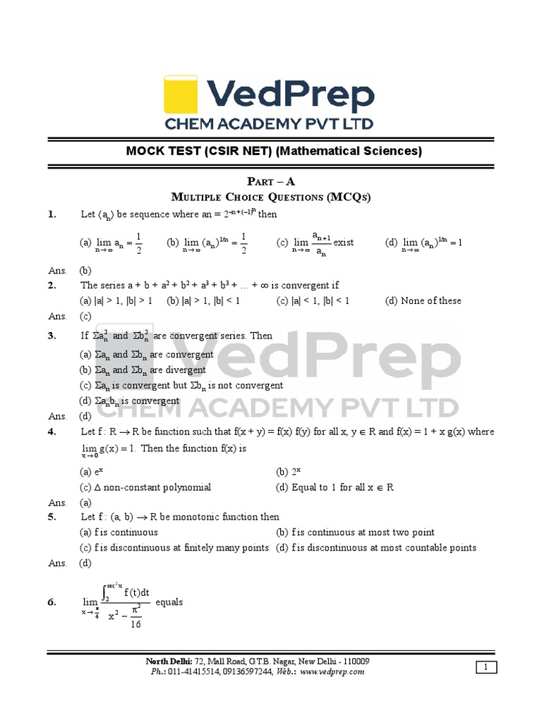 Mock Test Csir Net Maths Pdf Mathematical Relations Algebra