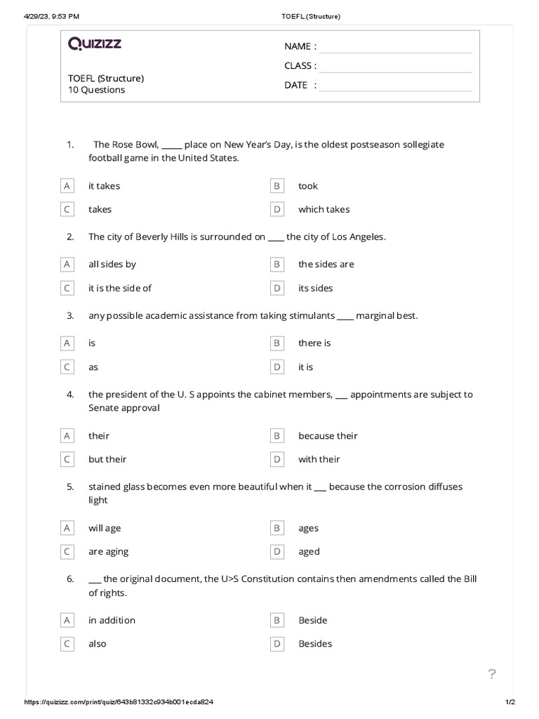 TOEFL Structure Practice Quiz | PDF