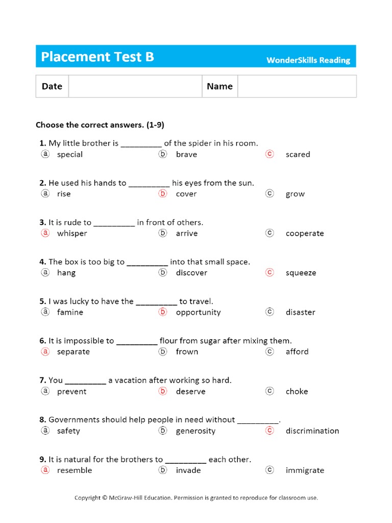 WonderSkills Reading Placement Test B (With Answers) | PDF