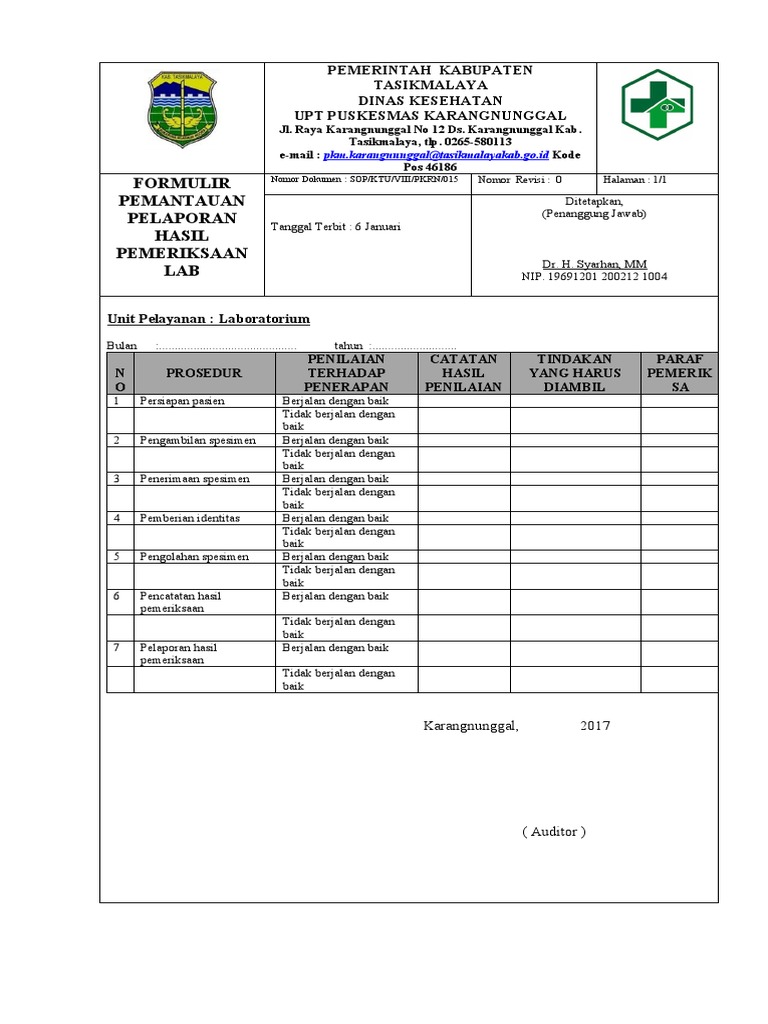 Form Pemantauan Pelaporan Hasil Pemeriksaan Laboratorium | PDF