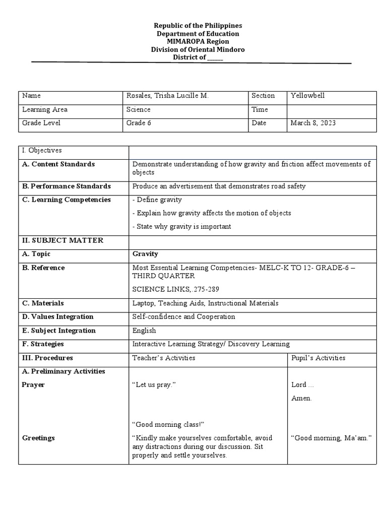 Detailed Lesson-Plan-In-Science-Grade-6 - Wednesday | PDF | Gravity | Force