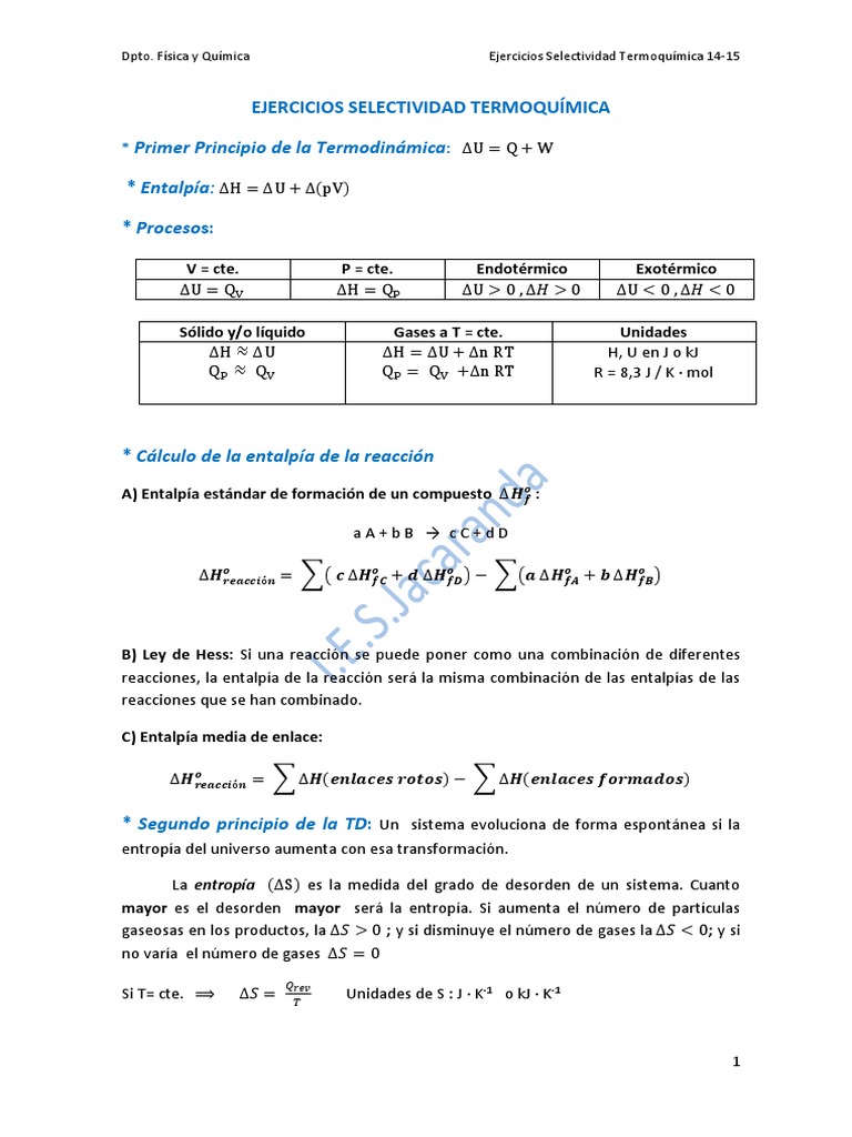 Ejercicios de Termoquímica 14-15 | PDF | Entalpía | Combustión