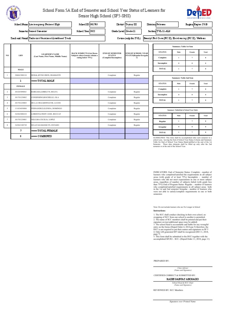 SF5-SHS End of Semester Learner Status | PDF