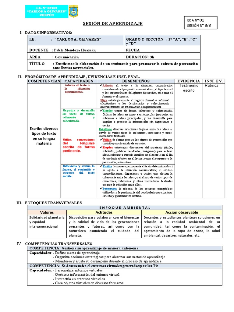 EDA 1 - Sesión 3 - Planificamos y Escribimos Testimonios Sobre El ... EDA 1 - Sesión 3 - Planificamos y Escribimos Testimonios Sobre El ...