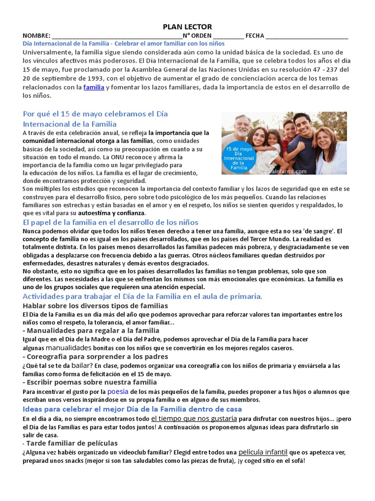 Sem 10 Dia 1 PLAN LECTOR Dia de La Familia | PDF | Familia | Amor