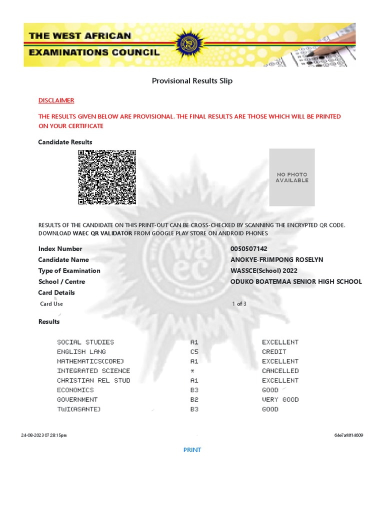 Provisional WASSCE Results Slip | PDF