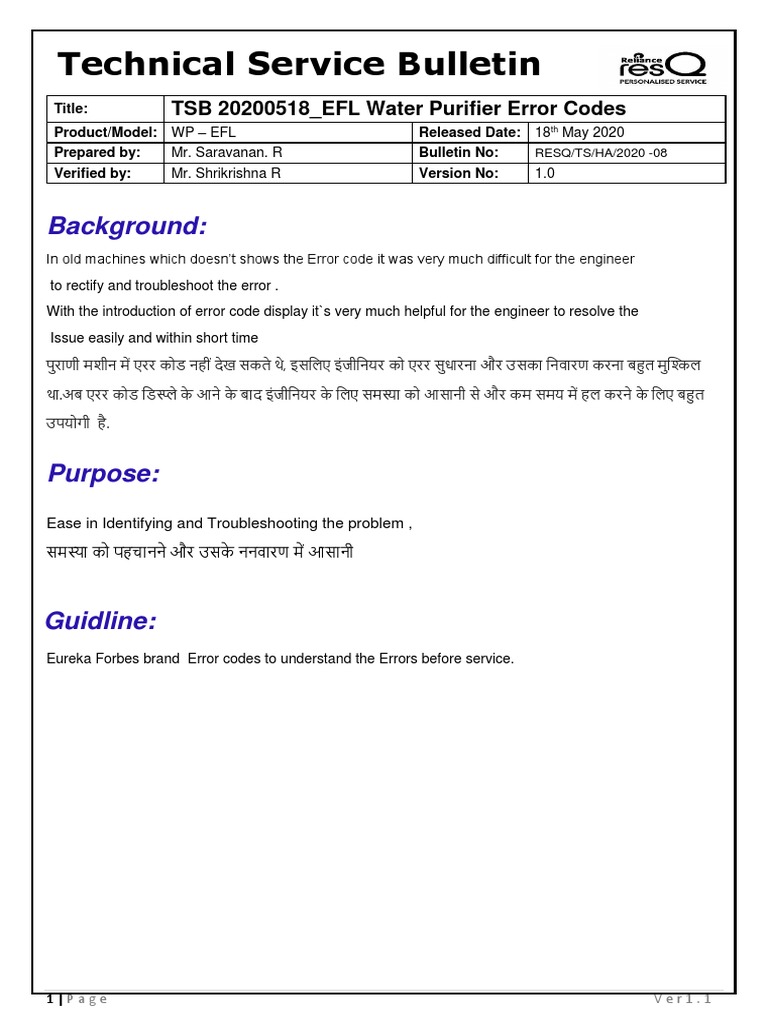 Aquaguard Water Purifier Error Codes | PDF