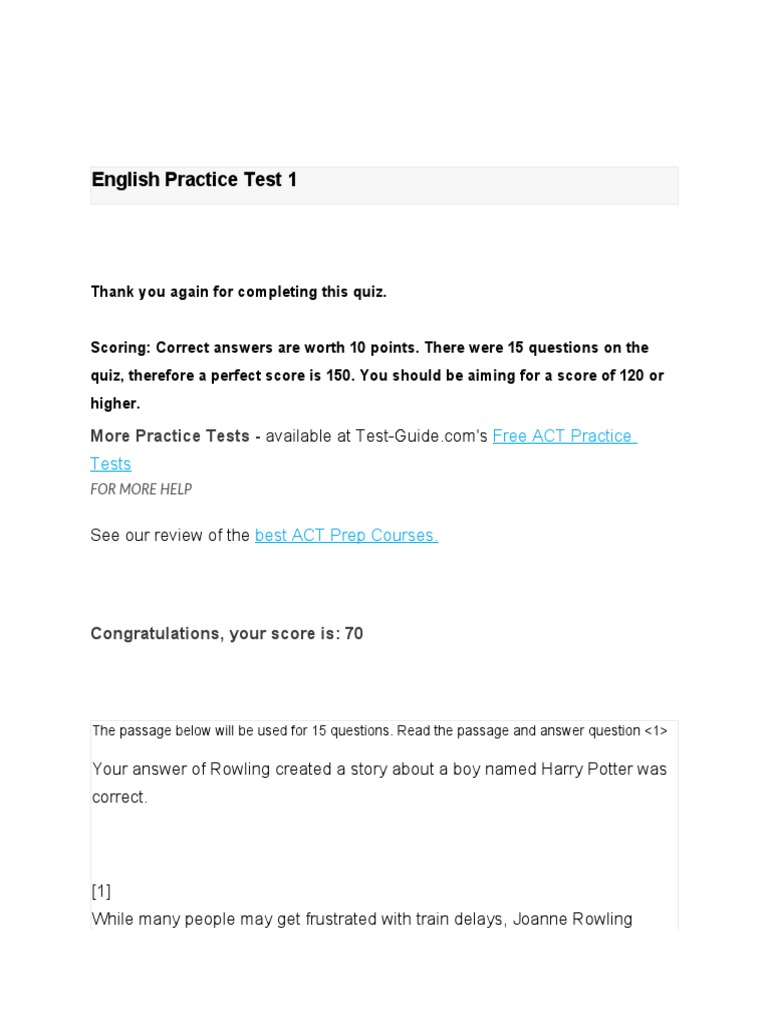 English Practice Test 1 | PDF | J. K. Rowling | Act (Test)