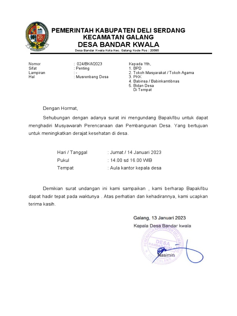Undangan Musrenbang Desa Galang | PDF