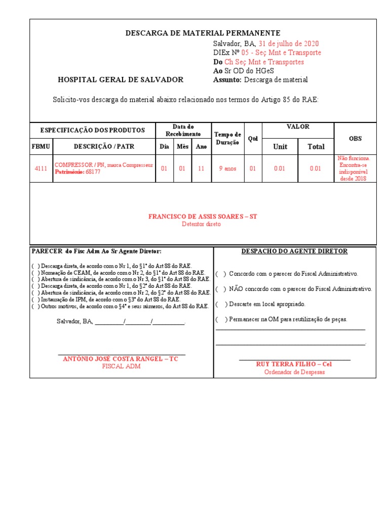 DIEx Descarga de Material | PDF