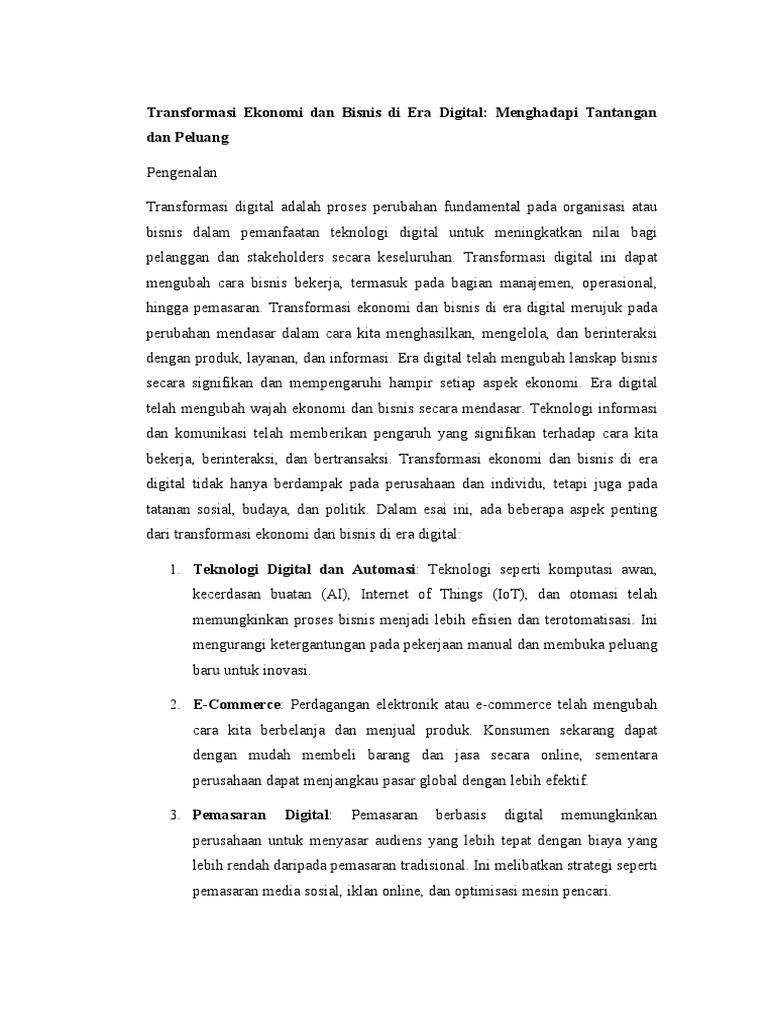 Essay Tentang Transformasi Ekonomi Dan Bisnis Di Era Digital | PDF