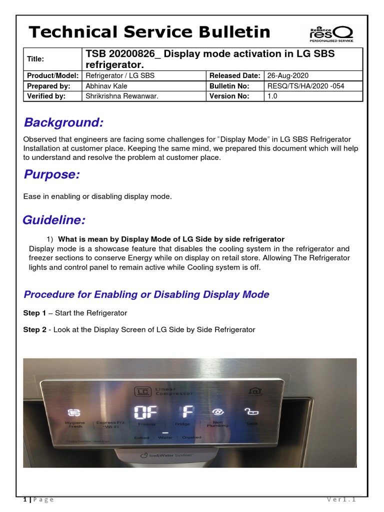 TSB 20200826 - Display Mode Activation in LG SBS Refrigerator | PDF