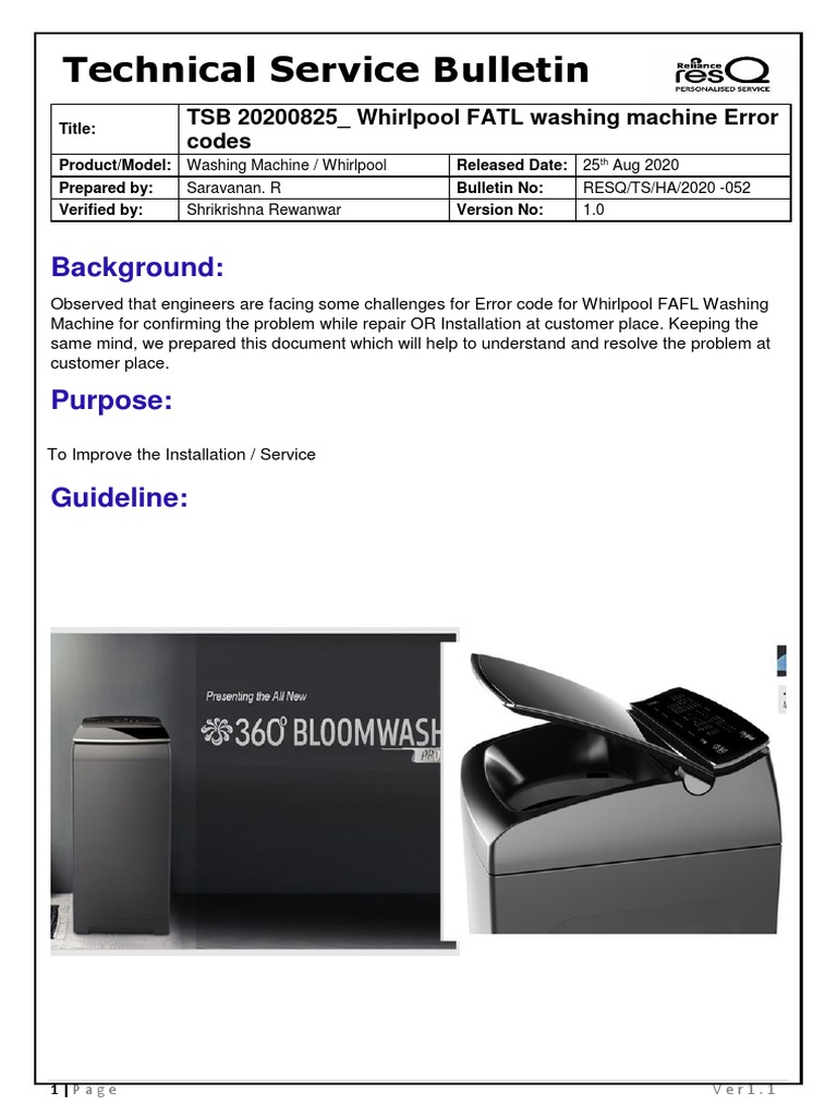 TSB 20200825 - Whirlpool FATL Washing Machine Error Codes | PDF