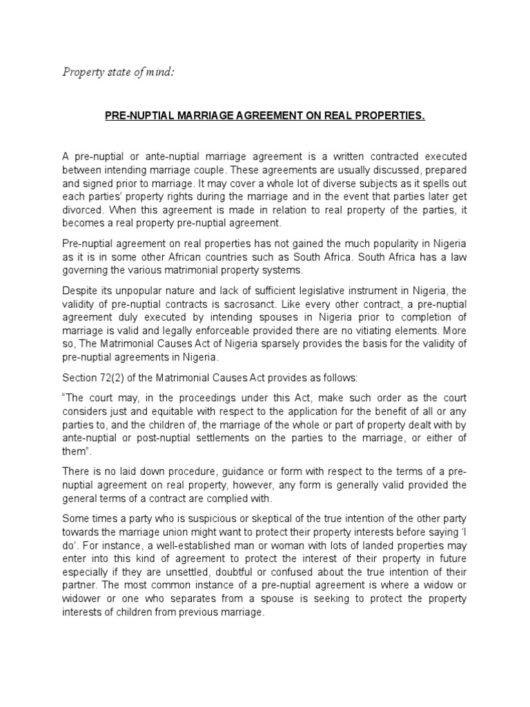 Pre-Nuptial Marriage Agreement | PDF