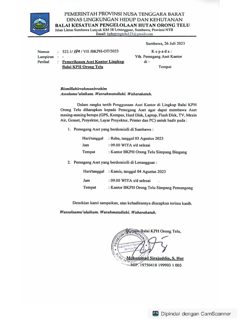 Undangan Pemeriksaan Aset Kantor BKPH Orong Telu | PDF