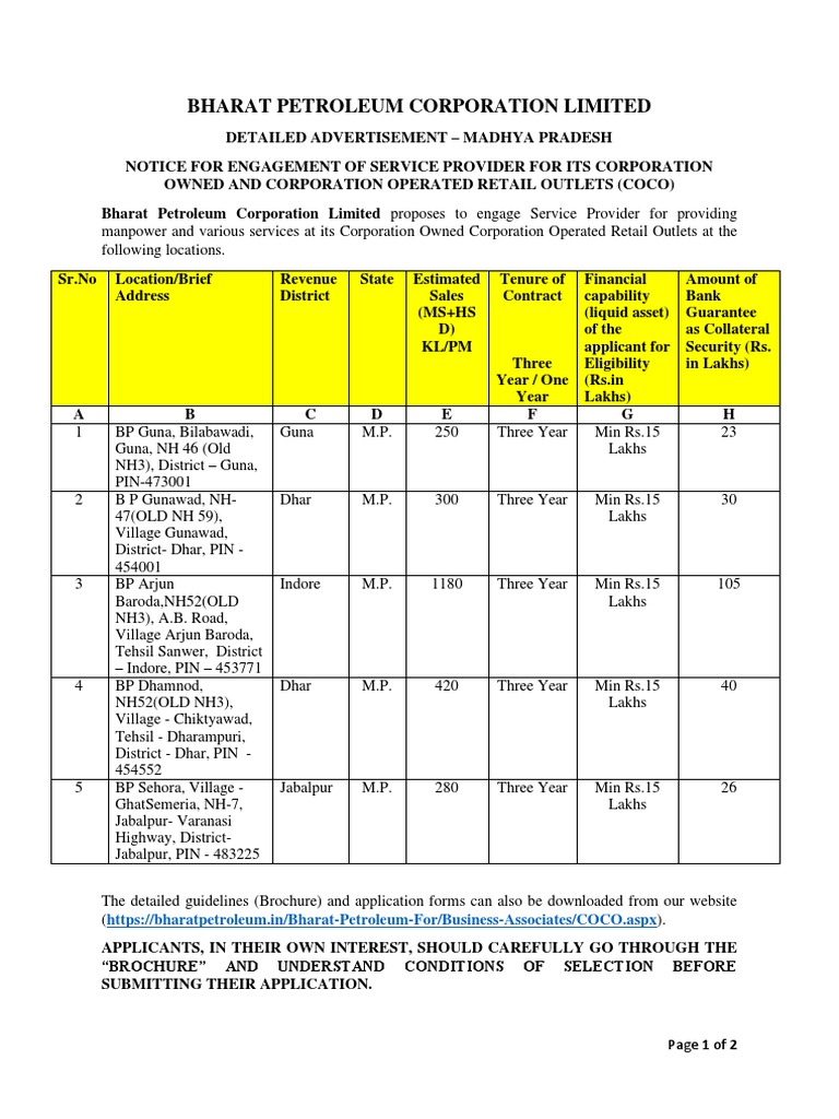 BPCL Madhya Pradesh Service Provider Notice | PDF | Private Law | Economies