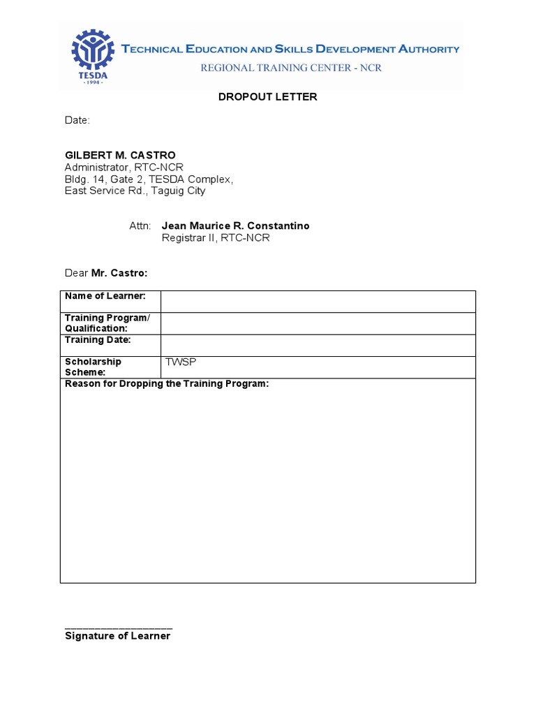 Dropout Letter Template for RTC-NCR | PDF