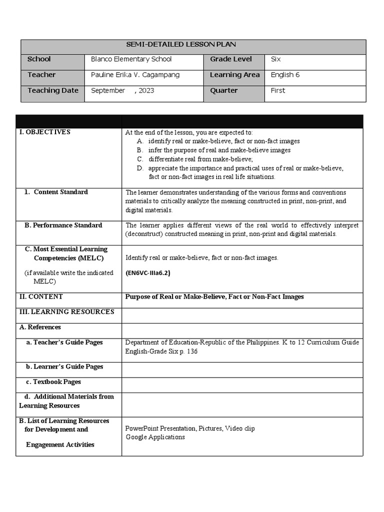 Lesson Exemplar Q1 W2 RQP | PDF | Learning | Image