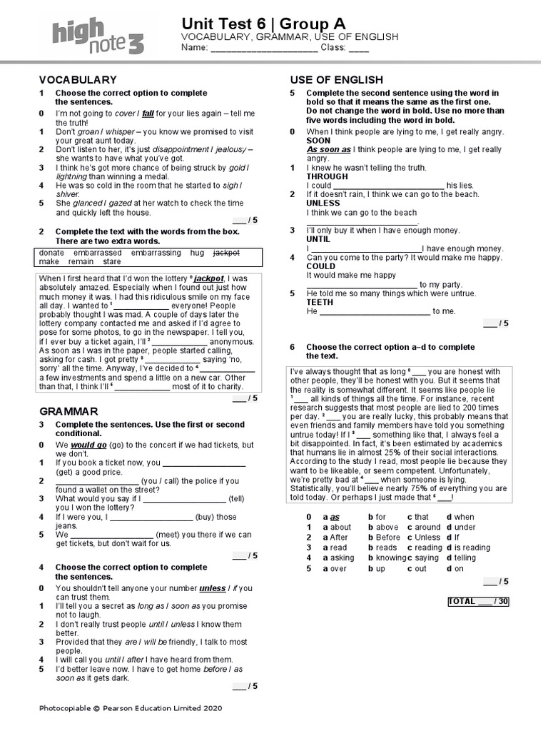 HighNote3 Unit Language Test Unit06 GroupA | PDF | Lottery