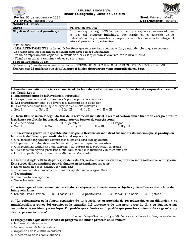 Prueba Progreso Indefinido | PDF | Revolución industrial | Sociedad