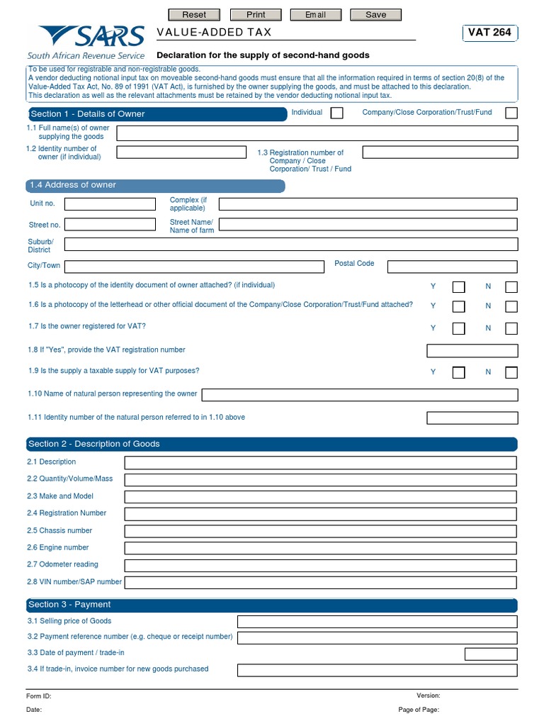VAT 264 Declaration For The Supply of Second Hand Goods External Form ...