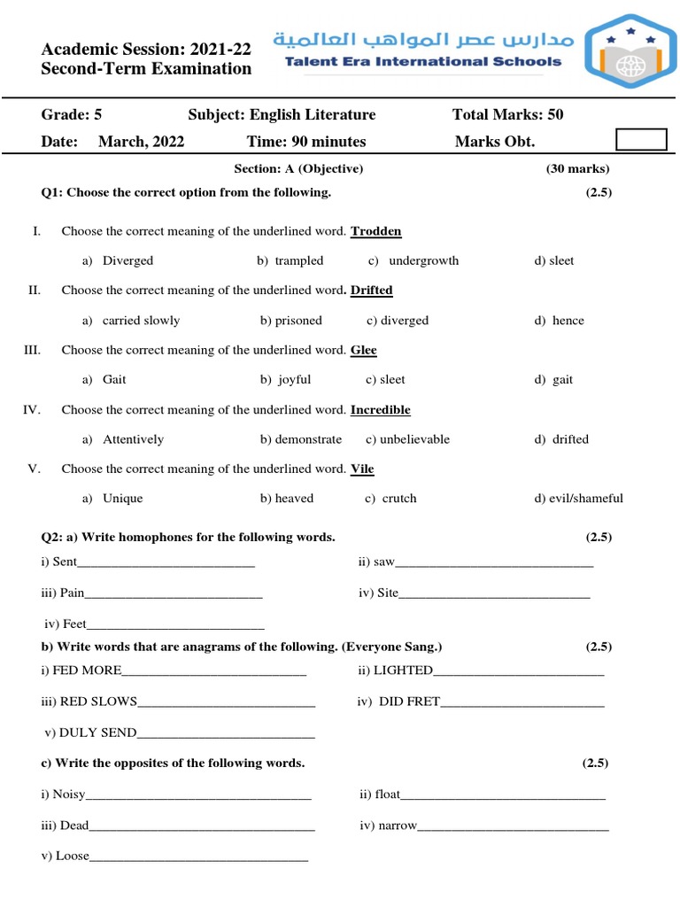 Grade 5 Eng Lit Second Term | PDF