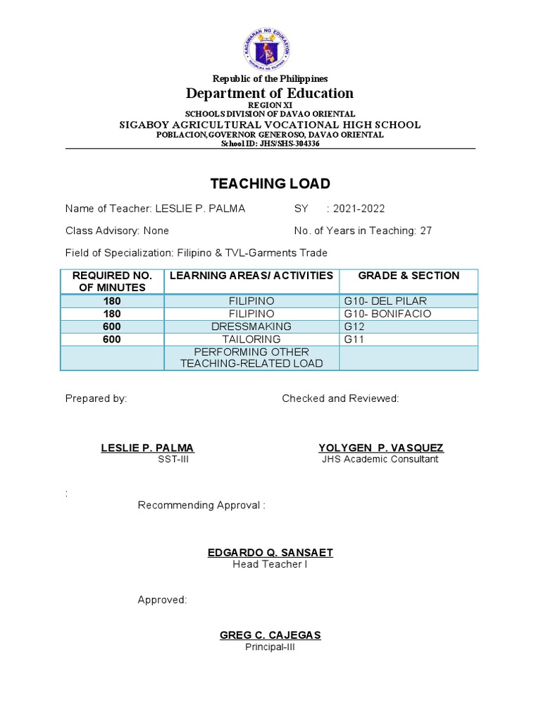 TEACHING LOAD Class Program | PDF | Philippines