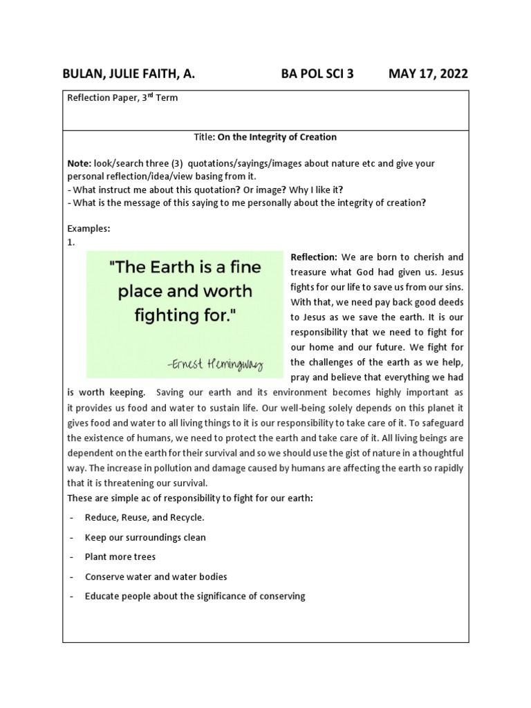 Reflection Paper 1 - 3rd Term - BULAN JULIE FAITH | PDF