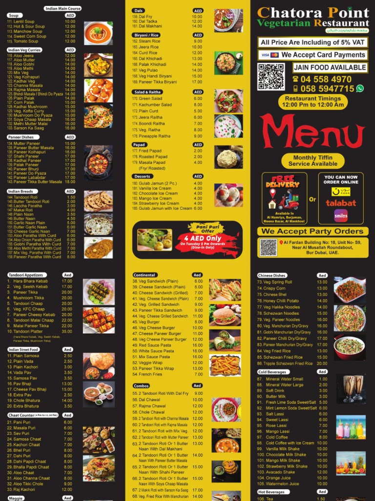 Chatora Point Vegetarian Restaurant Menu English | PDF