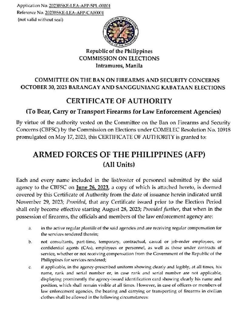 Certificate of Authority for Gun Ban-brgy Election | PDF