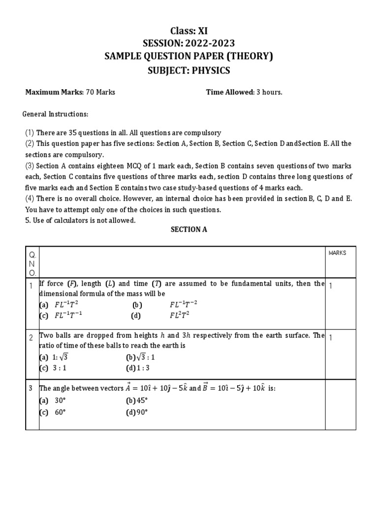 XI Sample Papers 2023 | PDF | Acceleration | Force