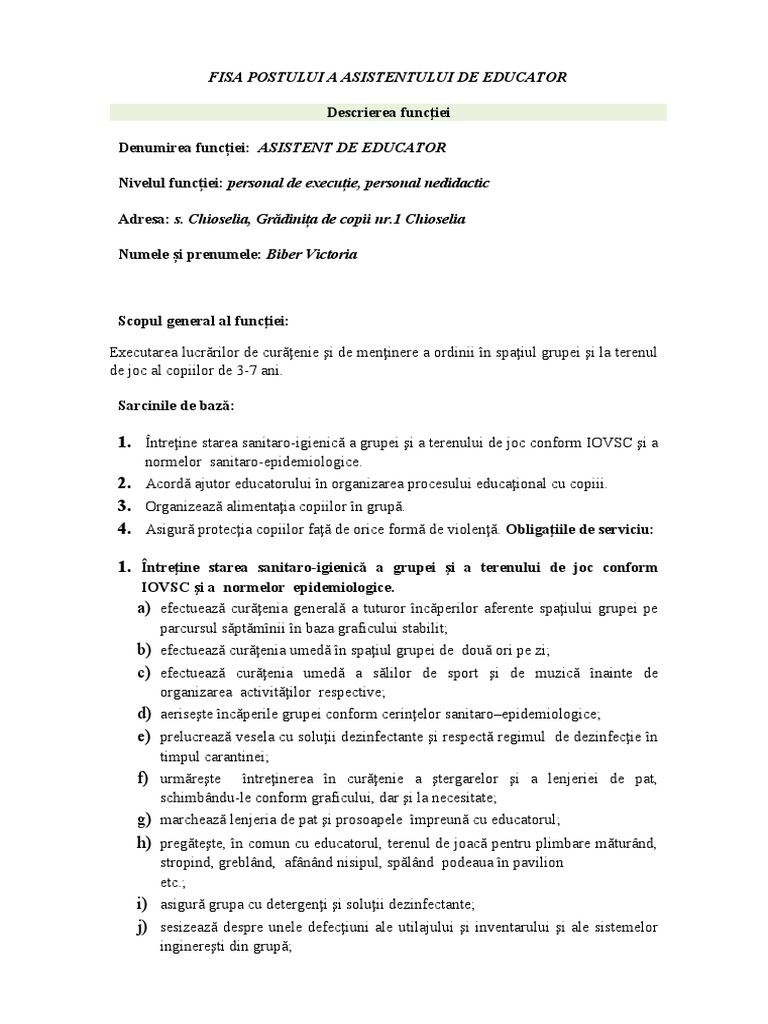 FISA POSTULUI A ASISTENTULUI DE EDUCATOR | PDF