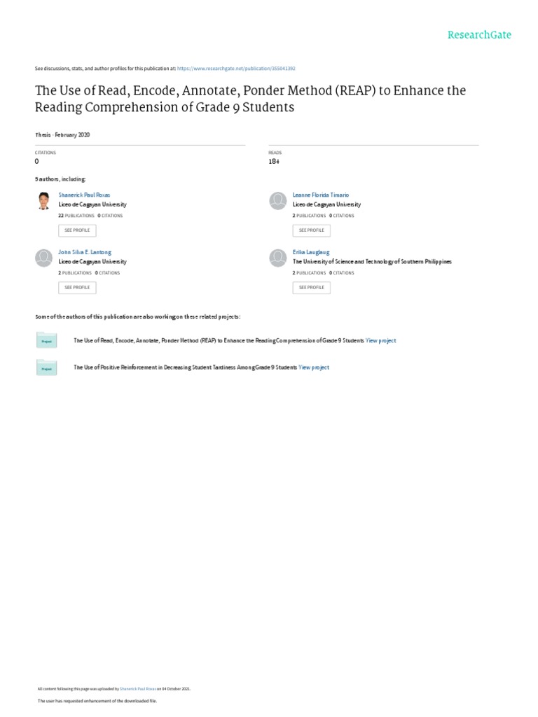 The Use of Read Encode Annotate Ponder Method REAP To Enhance The Reading Comprehension of Grade ...