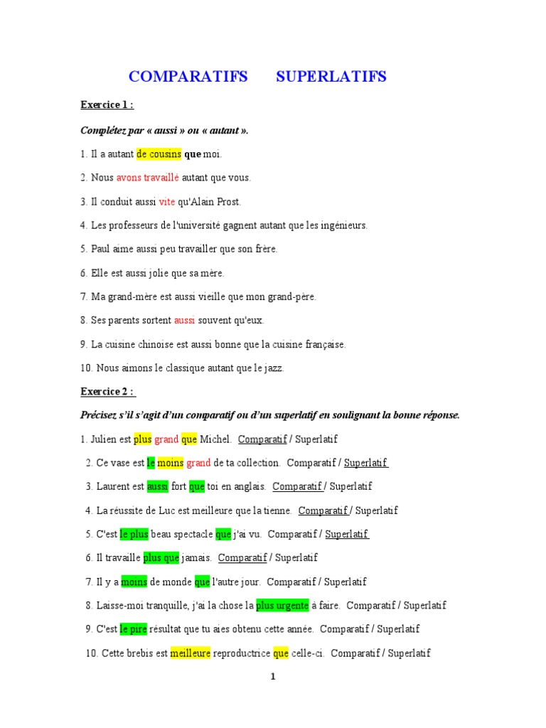Exercices Les Comparatifs Et Les Superlatifs | PDF