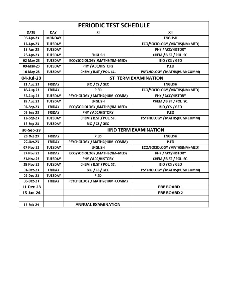 Periodic Test Schedule Class 11 &12 (23-24) - 1 | PDF