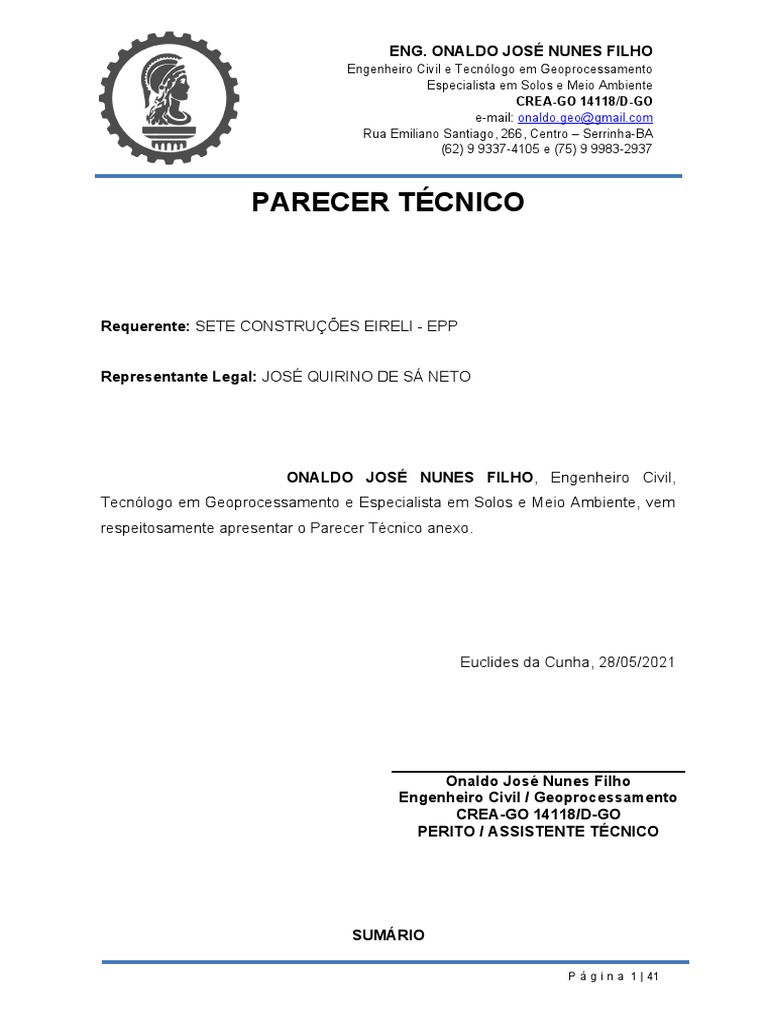 Parecer Técnico Euclides Da Cunha | PDF | Engenharia Civil | Engenharia