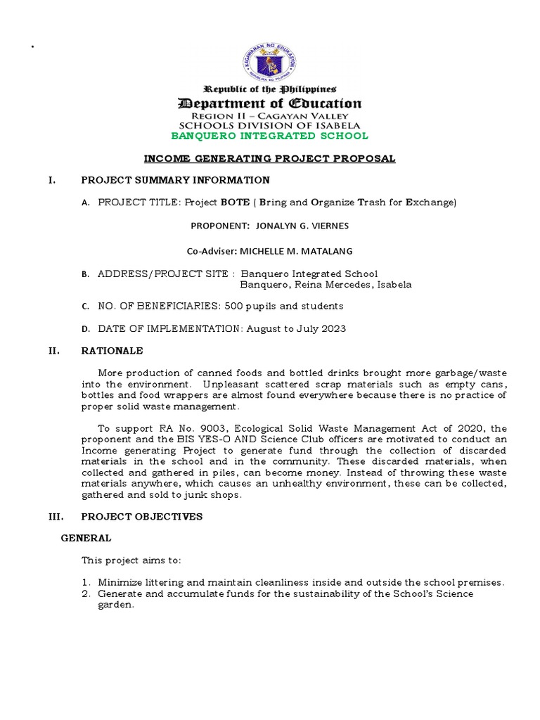 Income Genrati NG Project Proposal | PDF | Waste | Waste Management