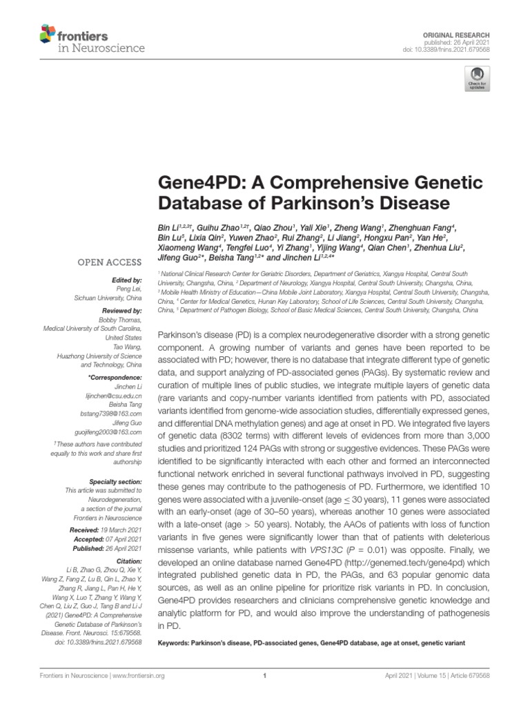 Gene4PD - A Comprehensive Genetic Database of Parkinson's Disease ...