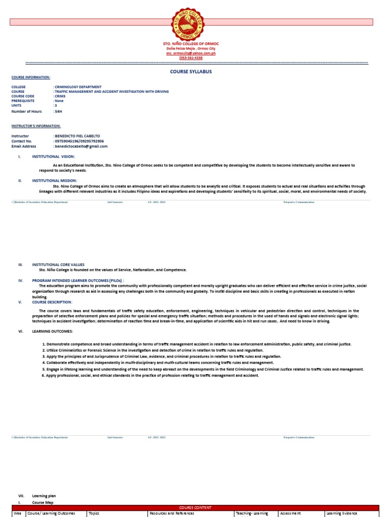 Syllabus Traffic Management And Accident Investigation With Driving Pdf Communication Essays