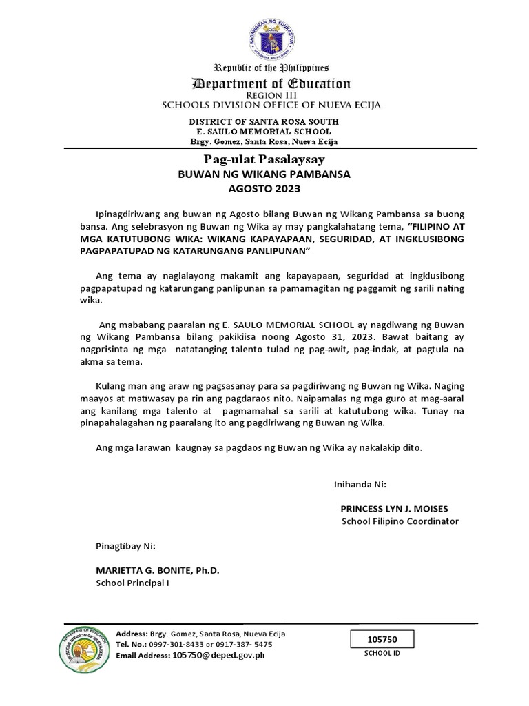 ESMS-Ulat Pasalaysay Sa Buwan NG Wika 2023 | PDF ESMS-Ulat Pasalaysay Sa Buwan NG Wika 2023 | PDF