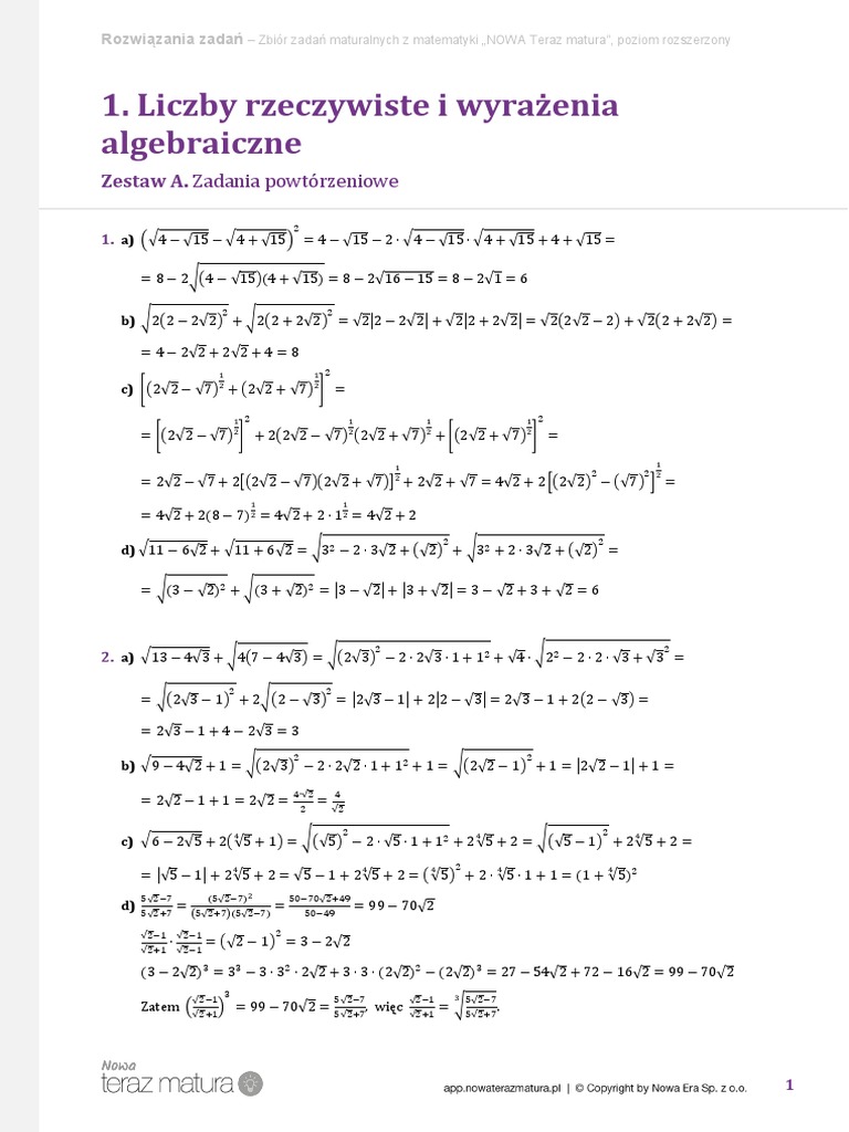 Liczby Rzeczywiste I Wyrażenia Algebraiczne: Zestaw A. Zadania ...