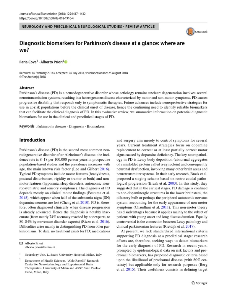 Diagnostic Biomarkers For Parkinson's Disease at A Glance - Where Are We? | PDF | Parkinson's ...