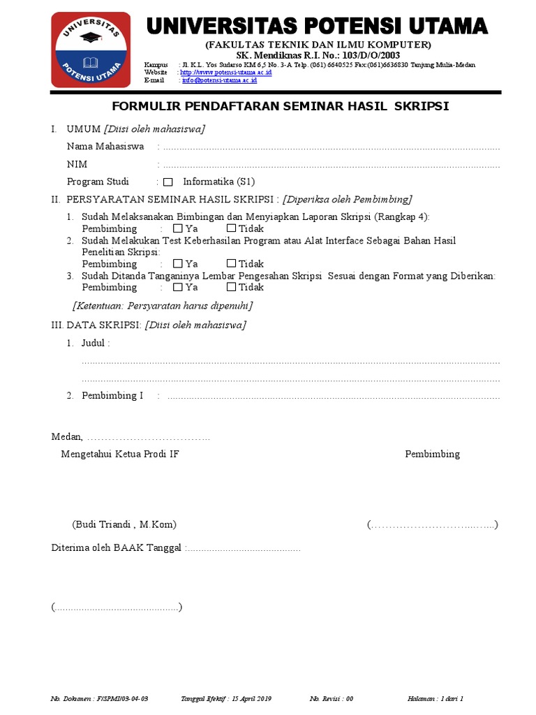 Formulir Pendaftaran Seminar Hasil (TI & SI) | PDF